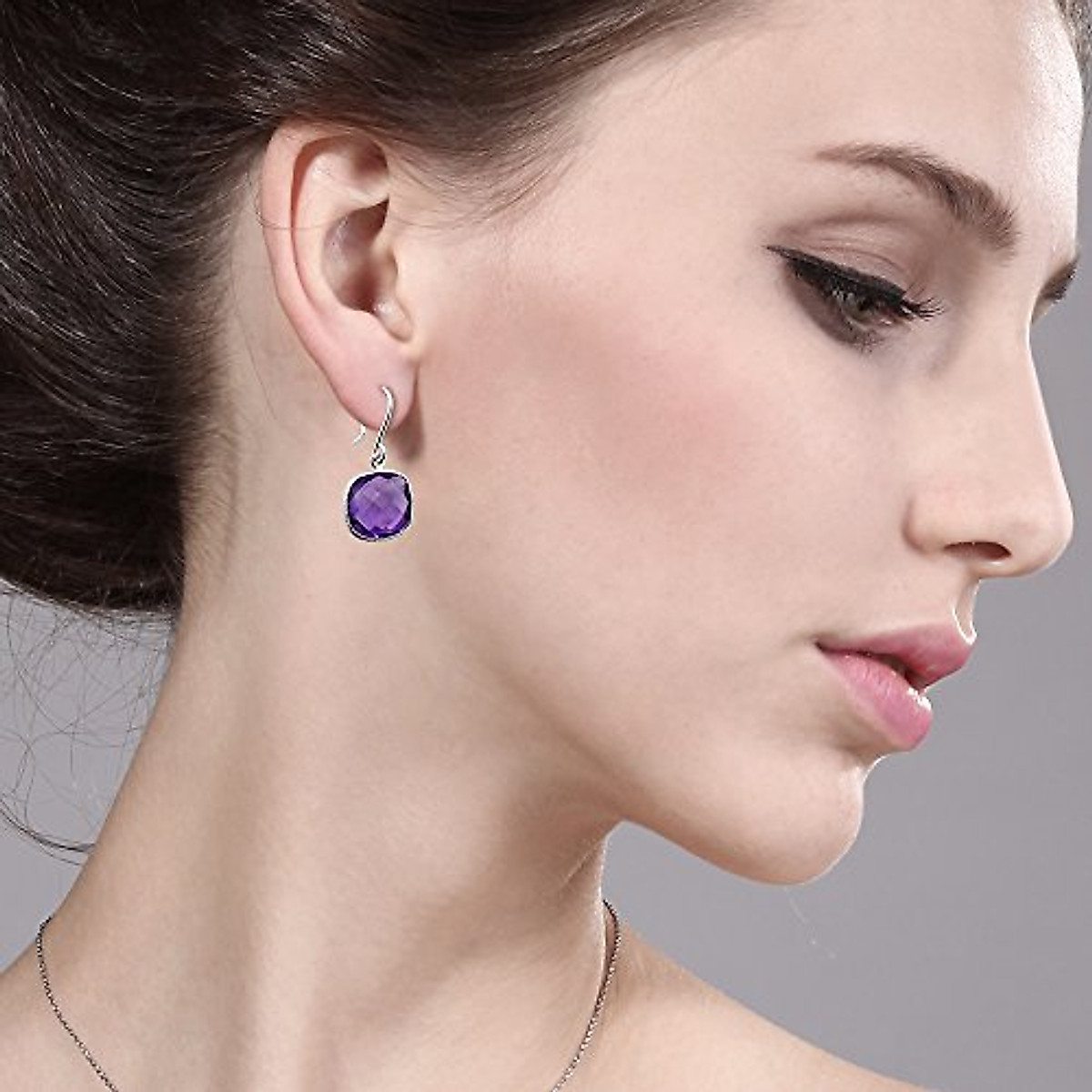Gem Stone King 925 Sterling Silver Purple Amethyst Dangle Earrings For Women (12.00 Cttw, Gemstone Birthstone, Cushion Checkerboard Cut 12MM)