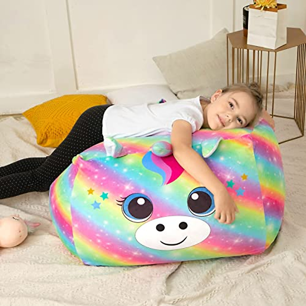 MHJY Bean Bag Cover Stuffed Animals Storage Unicorn Beanbag Chair Cover for Kids Toys Storage Bag Toy Organizer Cover (No Beans)