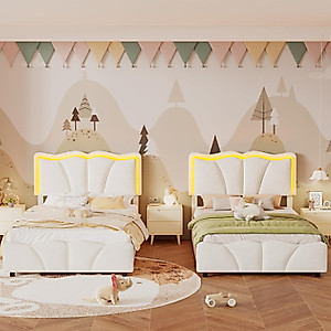 AOGLLATI Twin Bed Frame with 4 Storage Drawers & Charging Station,Upholstered Led Flower Twin Bed with Adjustable Headboard and Strong Wood Slat Support,No Spring Box Needed, Beige