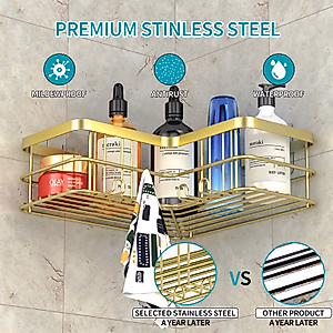 Yazoni Corner Shower Caddy, Adhesive Shower Shelves No Drilling [2-Pack], Rustproof Stainless Steel Bathroom Shower Organizer with 8 Hooks, Shower Shelf for Inside Shower (Gold)