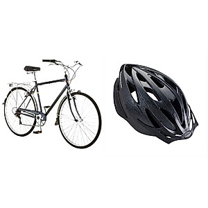 Schwinn Wayfarer Adult Bike Hybrid Retro-Styled Cruiser, 18-Inch/Medium Steel Step-Over Frame, 7-Speed Drivetrain, Rear Rack, 700C Wheels, Blue & Thrasher Bike Helmet