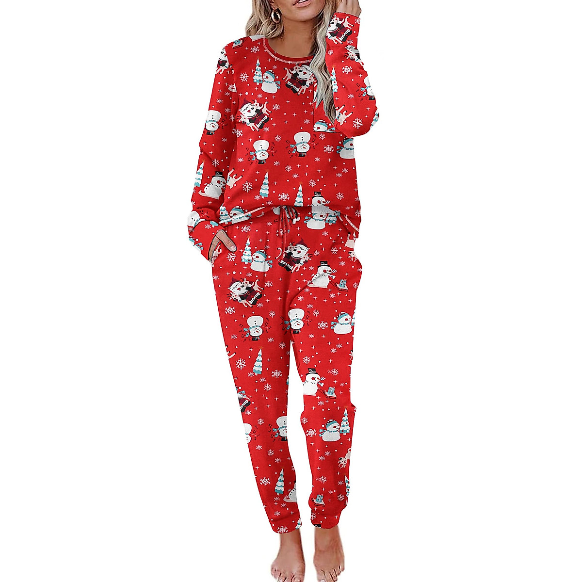 Ekouaer Pajamas Women's Long Sleeve Pj Set Soft 2 Piece Loungewear Sleepwear with Jogger Pants Christmas Print,L