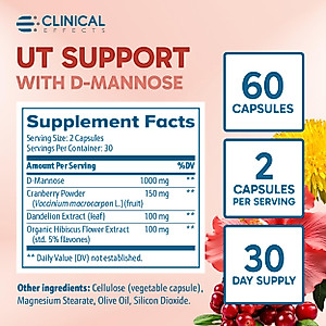 Clinical Effects UT Support - Natural Cleanse and Urinary Tract Health Support - D-Mannose, Dandelion, Hibiscus and Cranberry Pills for Women - 60 D Mannose Capsules - Made in The USA