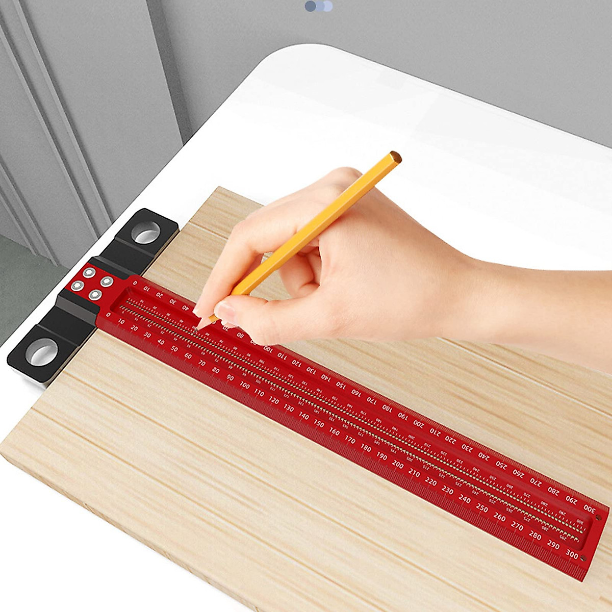 Woodworking Scriber T Square Ruler, Architects Ruler for Carpenter Work, Layout and Measuring, Aluminum Alloy Carpenter Square Ruler Clear Scale Scriber Tool for Woodworking