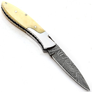 PAL 2000 HUNTING KNIVES FOL-9794 Handmade Damascus Steel Folding Pocket Knife With Leather Sheath