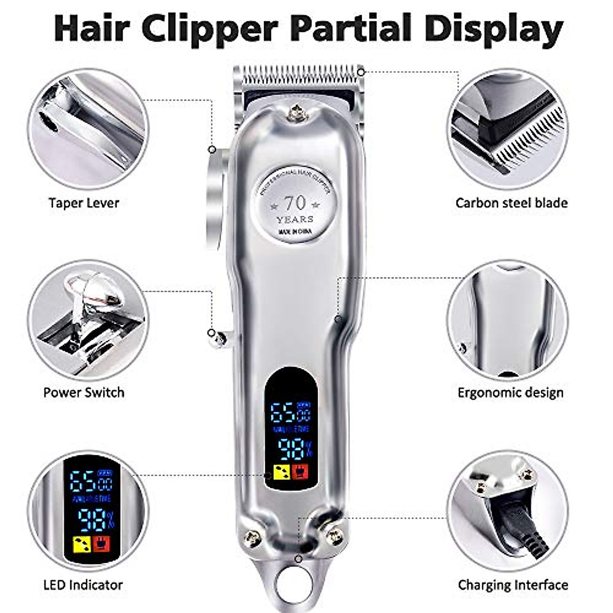 Hair Clippers for Men Professional Rechargeable Cordless Hair Trimmer Cutting Kit with Titanium Ceramic Blade 4 Grooming Combs 2500mAh Lithium Ion LED Display Haircut Kit