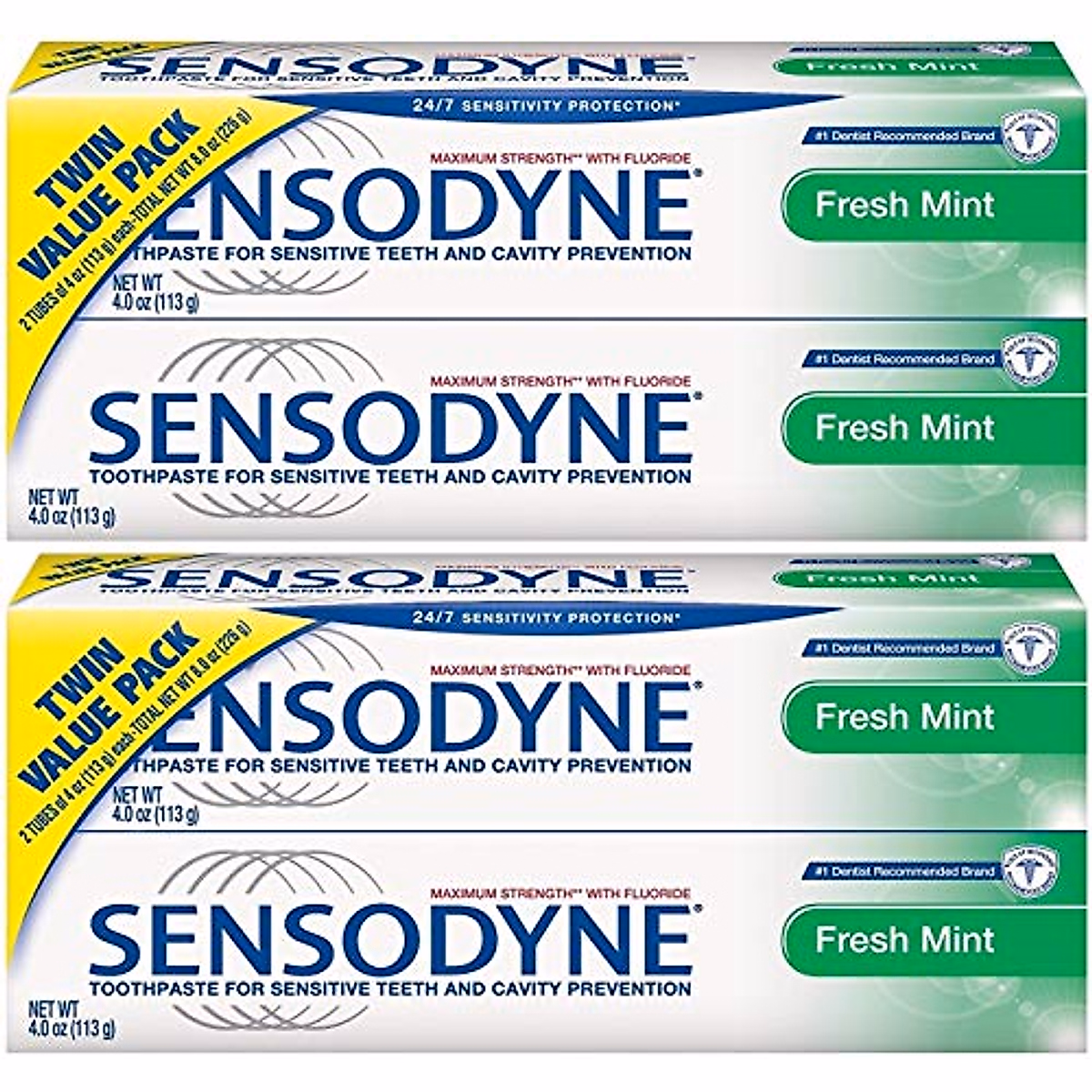 Sensodyne Fresh Mint Toothpaste for Sensitive Teeth, 4 Ounce Twin-Pack (Pack of 2) Total 4 Tubes