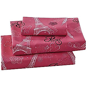Luxury Home Collection Kids/Teens/Girls 7 Piece Full Size Comforter Bedding Set/Bed in A Bag with Sheets Floral Paris Eiffel Tower Flowers Hearts White Pink Black (Pink, Full Comforter)