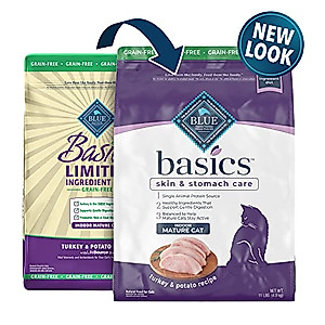 Blue Buffalo Basics Skin & Stomach Care Grain Free, Natural Indoor Mature Dry Cat Food, Turkey & Potato 11-lb