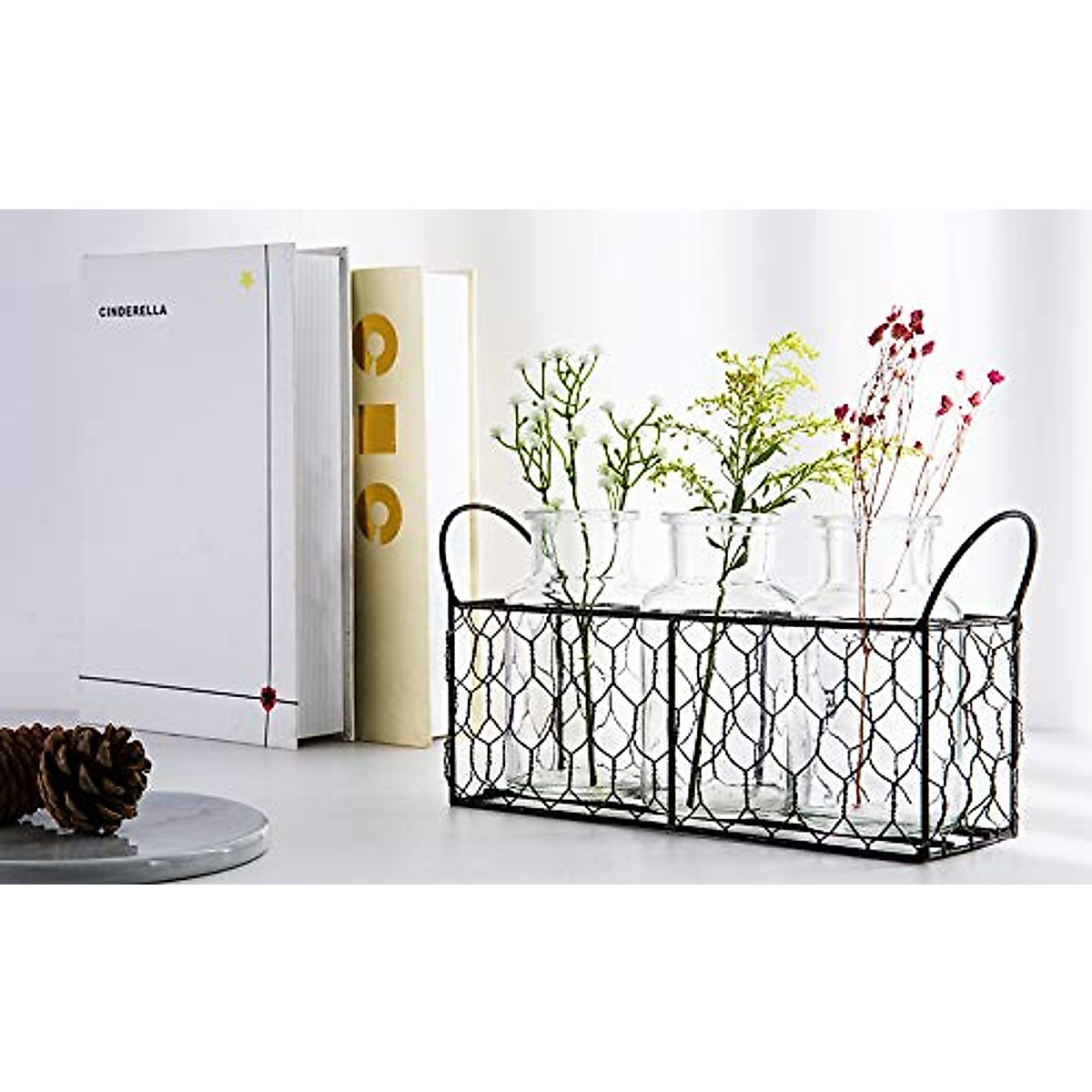 Diamond Star 3Pcs Clear Glass Milk Bottle Vases in Basket Caddy Vintage Style Jars Sets (3Pcs , 11"L X 3"W X 5.5"H)