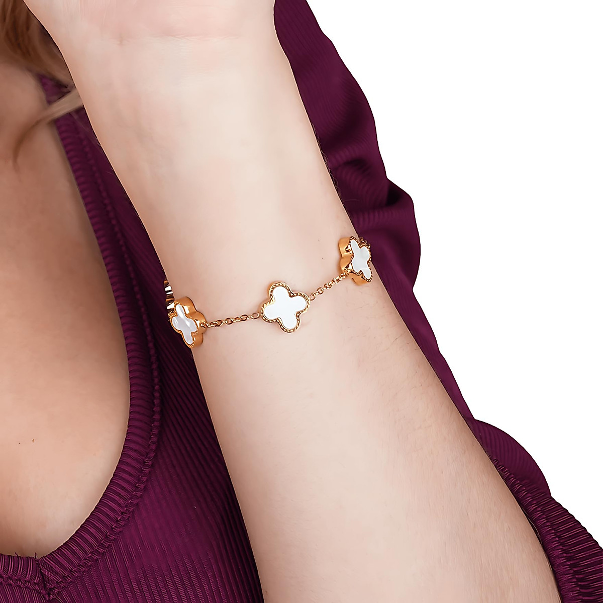 Four Leaf Clover Bracelet for Women 18K Gold Plated Stainless Steel 4 Leaf Lucky Link Bracelet Jewelry Gift for Mother and Daughter (White Gold)