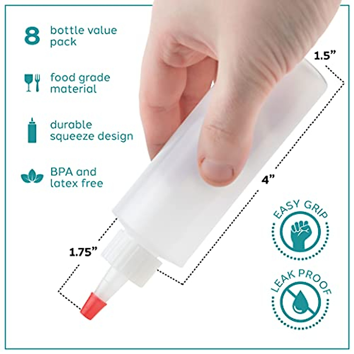 4-Ounce Squeeze Bottles with Red Tip Cap (8-Pack), BPA Free and Latex-Free, Food-Grade Mini-Bottles (120mL) - for Arts and Crafts, Glue, Icing, Griller, Sauces, Dressings, Condiments, Cake Decorating