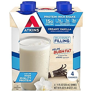 Atkins Creamy Vanilla Protein Shake, 15g Protein, Low Glycemic, 2g Net Carb, 1g Sugar, Keto Friendly, 4 Count