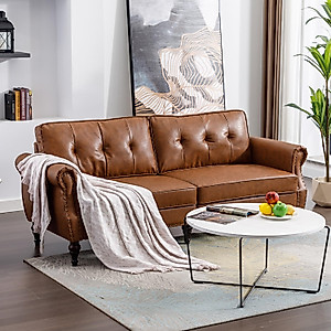 DIFY 80” Leather Faux Loveseat Sofa, Mid-Century Modern Couch with Soft Cushion and Firm Structure, Perfect Furniture for Living Room, Bedroom, Small Space.(Brown)