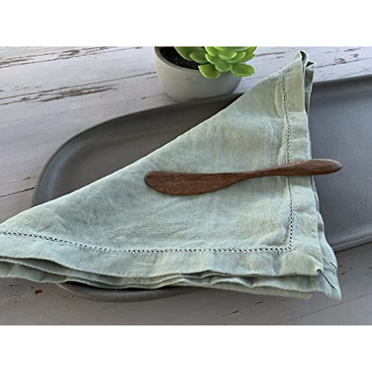 Hemstitched Linen Napkins – 20 Inch x 20 Inch – Stonewashed Pure Linen Cloth Dinner Napkins with Mitered Corners - 100% French Flax – Machine Washable - Set of 4 (Soft Sage Green)