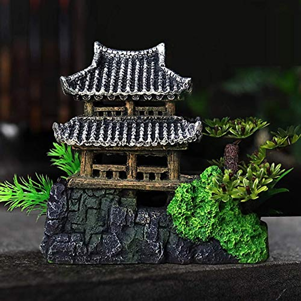 Classical Temple Aquarium Decorations Asian Castle Thematic Safe Resin Ornaments with Plastic Plants Small Fish House Hideout Decor Hiding Places for Freshwater and Saltwater Fish Tank Accessories