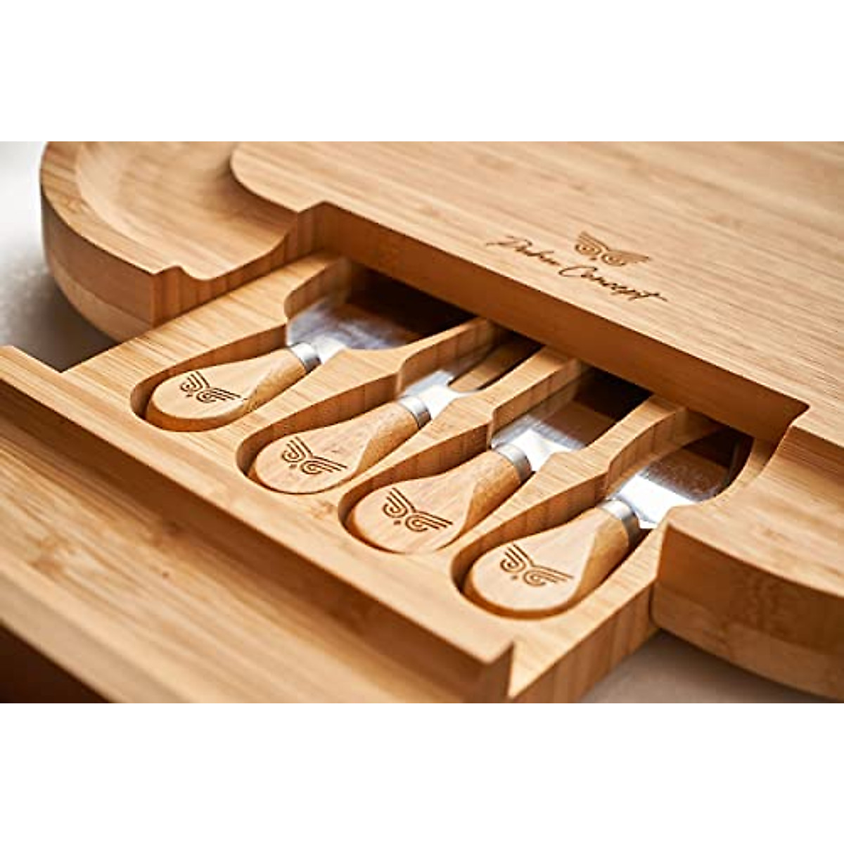 Bamboo Cheese Board & Knife Set of Puhu Concept - Elegant Gift for Women, Birthday, Wedding, Anniversary, Housewarming, Christmas, Special Days - Charcuterie Board for Cheese, Meat, Cracks and Wine