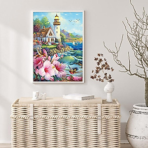 5D Diamond Painting Numbers Kits for Adults,DIY Full Drill Diamond Painting Seaside Lighthouse Round Diamond Art Crystal Craft for Home Wall Decor Gift(12x16inch)