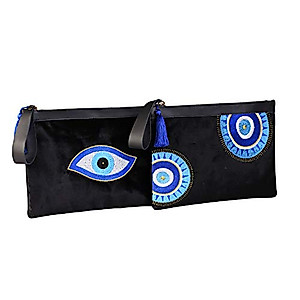 KarensLine Handmade Evil Eye Embroidered Black Velvet Clutch Bag Sunny Beach Summer Style, Medium