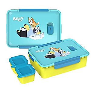 Zak Designs Bluey Reusable Plastic Bento Box with Leak-Proof Seal, Carrying Handle, Microwave Steam Vent, and Individual Containers for Kids' Packed Lunch (3-Piece Set)