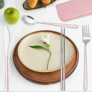 Portable Travel Utensils Set with Case, Pink Reusable Silverware Set, TWUTGAYW 18/8 Stainless Steel Knife Forks Spoons Chopsticks Reusable Travel Camping Cutlery for Lunch Box Office Picnic Daily Use