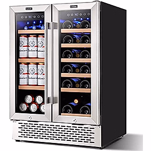 COLZER Wine and Beverage Refrigerator 24 inch, Dual Zone Wine Cooler Under Counter Lockable 18 Bottles and 57 Cans Fridge Built in Freestanding for Beer Soda Drink Bar Kitchen Cabinet Commercial