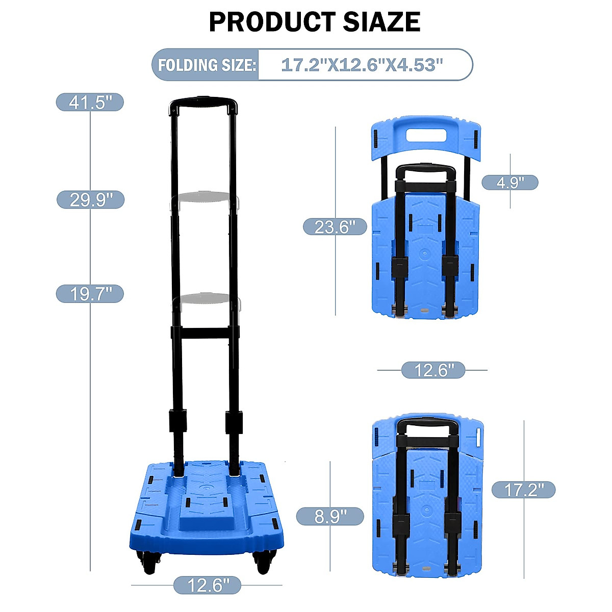 440 lb Folding Hand Truck, Heavy Duty Utility Dolly Platform Cart with Anti-Skid Strip, Luggage Cart with 6 Wheels, Blue