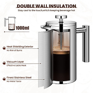 Velaze French Press Coffee Maker 34oz, Double Wall Insulated French Coffee Press Stainless Steel, 1L Coffee Maker Included 4 Extra Fliters and 1 Coffee Spoon