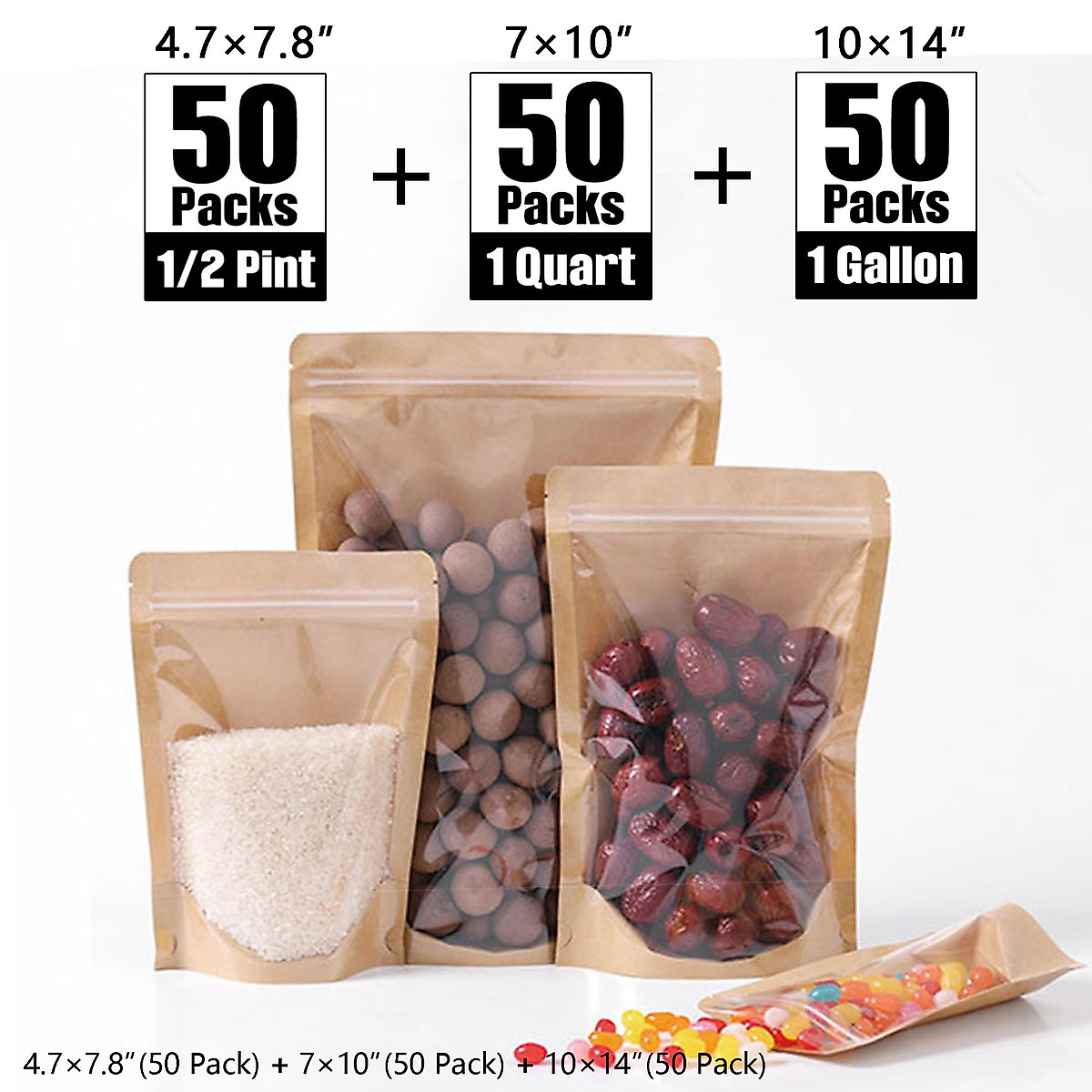 150pcs Kraft Bags With Window Clear Front 10”×14”,7”×10”,4.7”×7.8 ” Resealable Stand Up Zip Lock Craft Food Bags Zipper Brown Paper Pouches