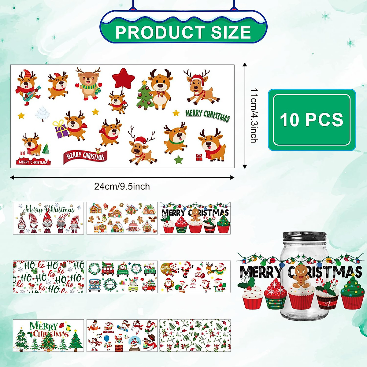 10 Sheets DTF Transfer Sticker, Christmas Transfer Stickers for 16oz Glass Cups Waterproof DTF Cup Wrap Gnomes Gingerbread Men Santa Claus Patterns Rub on Transfers for Glass Crafts