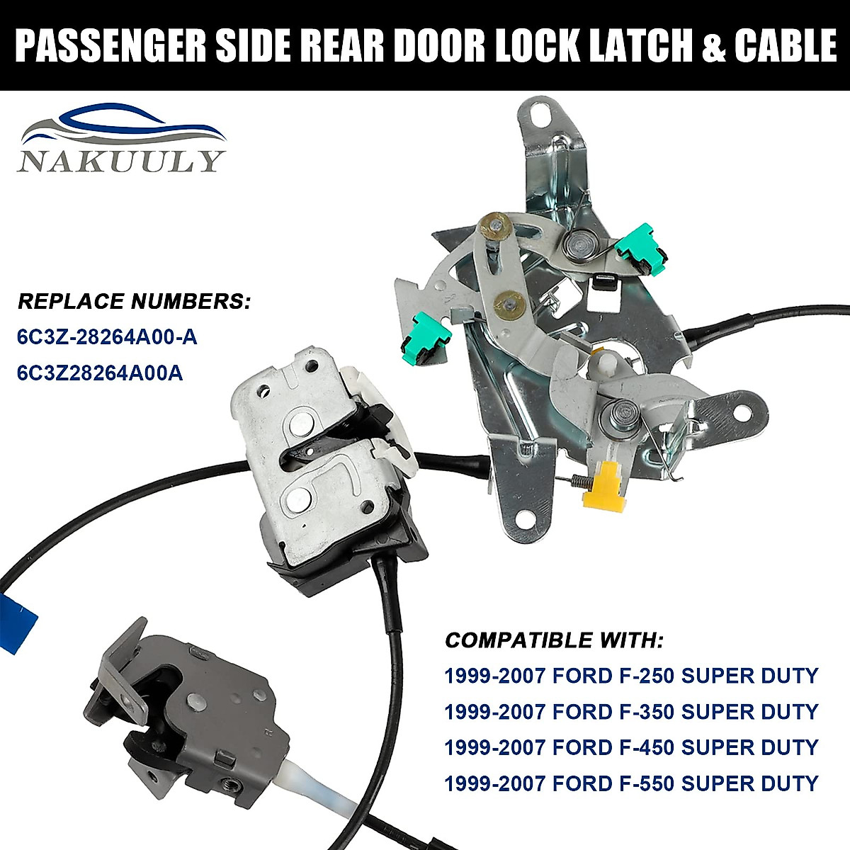 Nakuuly Left Driver Side Rear Door Lock Latch & Cable for Ford F250 F350 F450 F550 Super Duty 1999-2007, Upper and Lower Latches Assembly Replace 6C3Z-28264A01-A, 6C3Z28264A01A