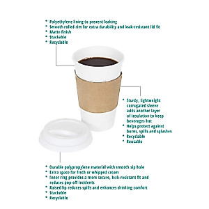CucinaPrime 100 Pack Paper Coffee Hot Cups WHITE with Travel Lids and Sleeves - 16OZ