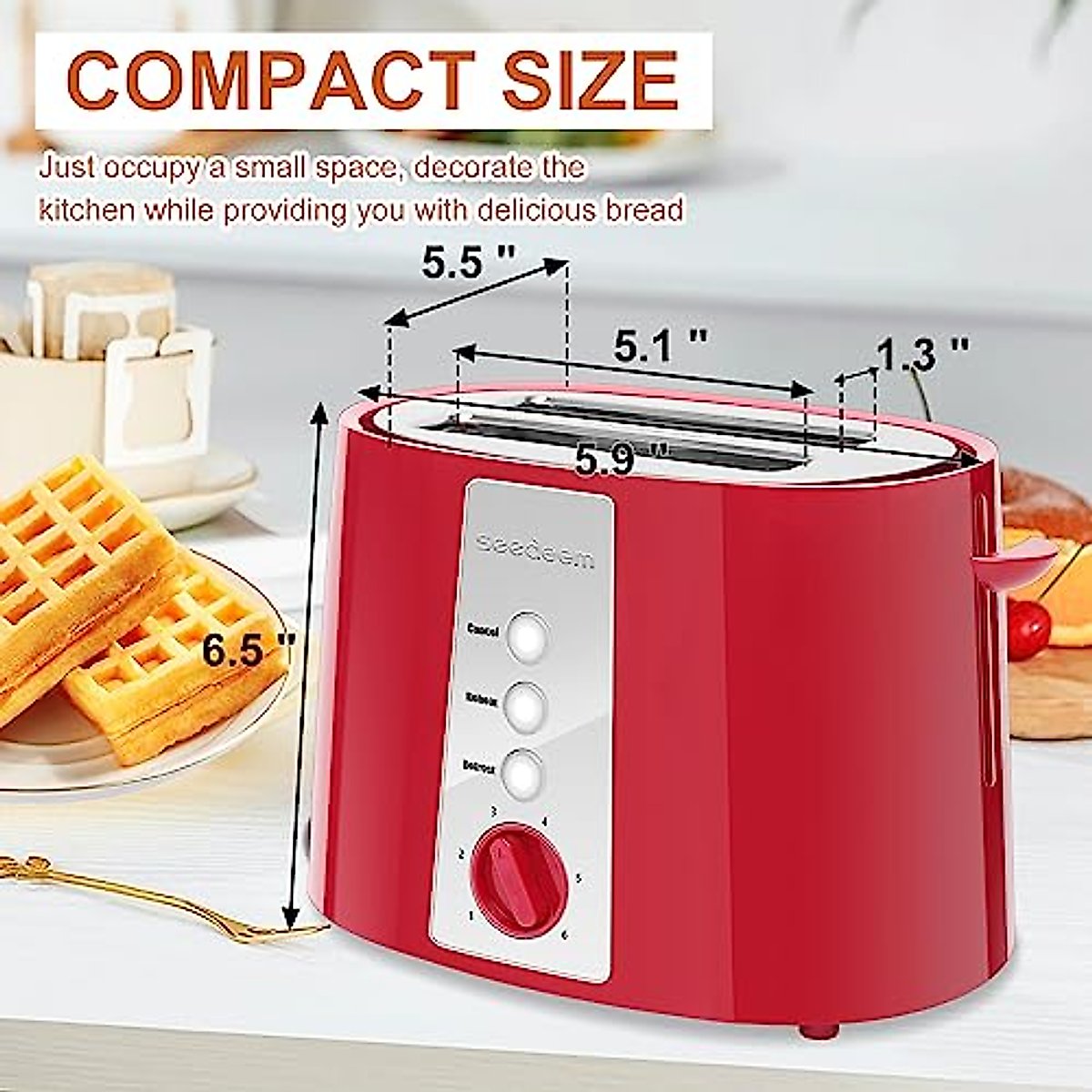 SEEDEEM Toaster 2 Slice, Extra Wide Slot Toaster, 6 Shade Settings, Bread Toaster with Cancel, Defrost, Reheat Function, Extra Wide Slots for Waffle or Bagel, Removable Crumb Tray, 750W, Retro Red