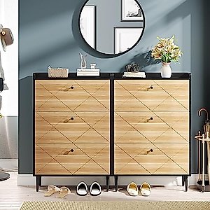Freestanding Shoe Rack Organizer Shoe Storage Cabinet with 3 Flip Down Drawers for Entryway Hallway Closet Wood Grain/Black Black Yellow Metal Finish Adjustable Shelving Includes Hardware