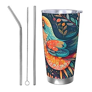 AYCZN Ethnic Hummingbird 20 OZ Tumbler Stainless Steel Travel Coffee Mug, Vintage Flower Floral Insulated Water Bottle with Lid and Straws Leakproof Thermal Cup