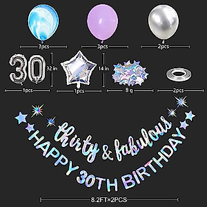Iridescent Thirty & Fabulous Happy 30th Birthday Banner Garland Foil Balloon 30 for Womens 30th Birthday Decorations Hanging 30 and Fabulous Cheers to 30 Years Old Dirty Thirty Party Supplies Backdrop