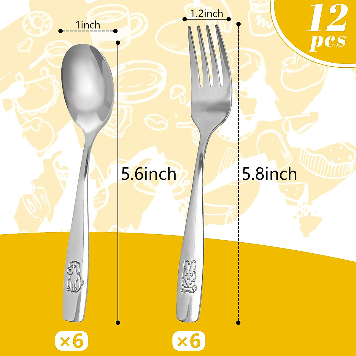 HANSGO 12PCS Children Safe Forks and Spoons, Silverware for Kids Cutlery Set Toddler Utensils Stainless Steel Tableware with Bunny and Puppy Motifs