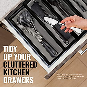 ELTOW Expandable Utensil Drawer Organizer, 5 Compartment Non-Slip & Adjustable Utensil Tray for Kitchen Drawers, Kitchen Organization for Utensils, Office Supplies, Flatware Storage - Black
