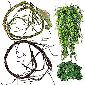 kathson 4 PCS Reptile Vines Plants Flexible Bendable Jungle Climbing Fake Vine Terrarium Plastic Plant Leaves Pet Tank Habitat Decor for Bearded Dragons Lizards Geckos Snakes Frogs