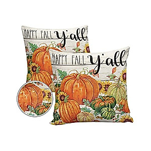 Fall Thanksgiving Pumpkin Outdoor Pillow Cover 16x16 Inch Cushion Sham Case,Happy Autumn All Yall Farmhouse Waterproof Decorative Square Throw Pillowcase for Garden Patio Porch Couch Chair Tent