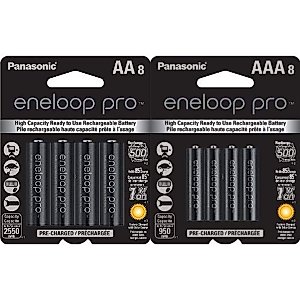Panasonic Eneloop Pro AA and AAA High Capacity Ni-MH Pre-Charged Rechargeable Batteries Bundle (8 Pack of Each)