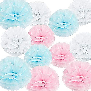 HappyField 12PCS 10” 12” Baby Pink Blue White Tissue Paper Pom Poms Flower Gender Reveal Party Supplies Gender Reveal Party Decorations Boy or Girl Baby Shower Decorations Pink and Blue Decorations