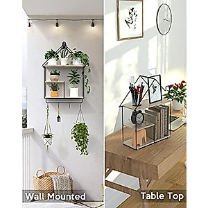 Tikea Floating Shelves, House-Shaped Wall Mounted Shelves for Storage, Modern Farmhouse Hanging Shelf with Metal Frames and Addition Hooks for Living Room Bedroom Bathroom Entryway Decor