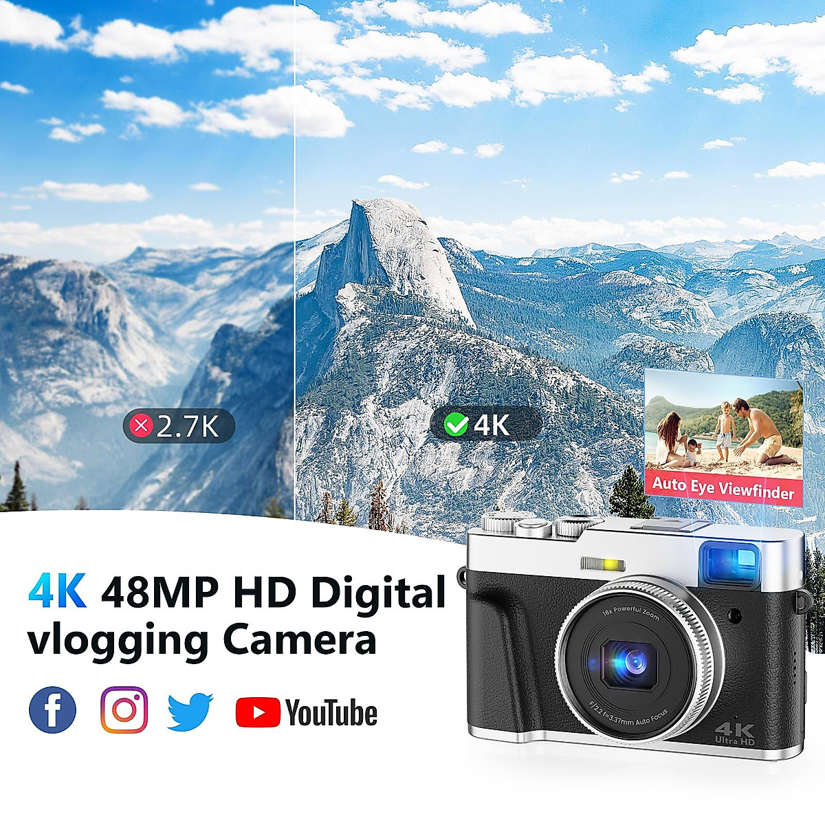 4K Digital Camera, Photography Autofocus 48MP YouTube Vlogging Camera, 16X Digital Zoom Video Camera Anti-Shake with 32GB Micro Card, Compact Point and Shoot Travel Cameras for Gifts(Black)