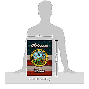 Welcome Idaho Garden Flag - Set Wood Dowel Americana States USA American Territories Republic Country Particular Area - House Decoration Banner Small Yard Gift Double-Sided Made in 13 X 18.5