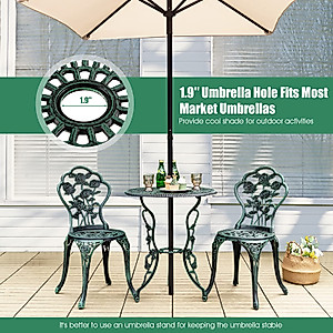 HAPPYGRILL 3-Piece Outdoor Bistro Set Rust-Resistant Cast Aluminum Table and Chairs with Elegant Rose Pattern, Outdoor Furniture Set with 1.9” Umbrella Hole for Balcony Backyard Garden Deck
