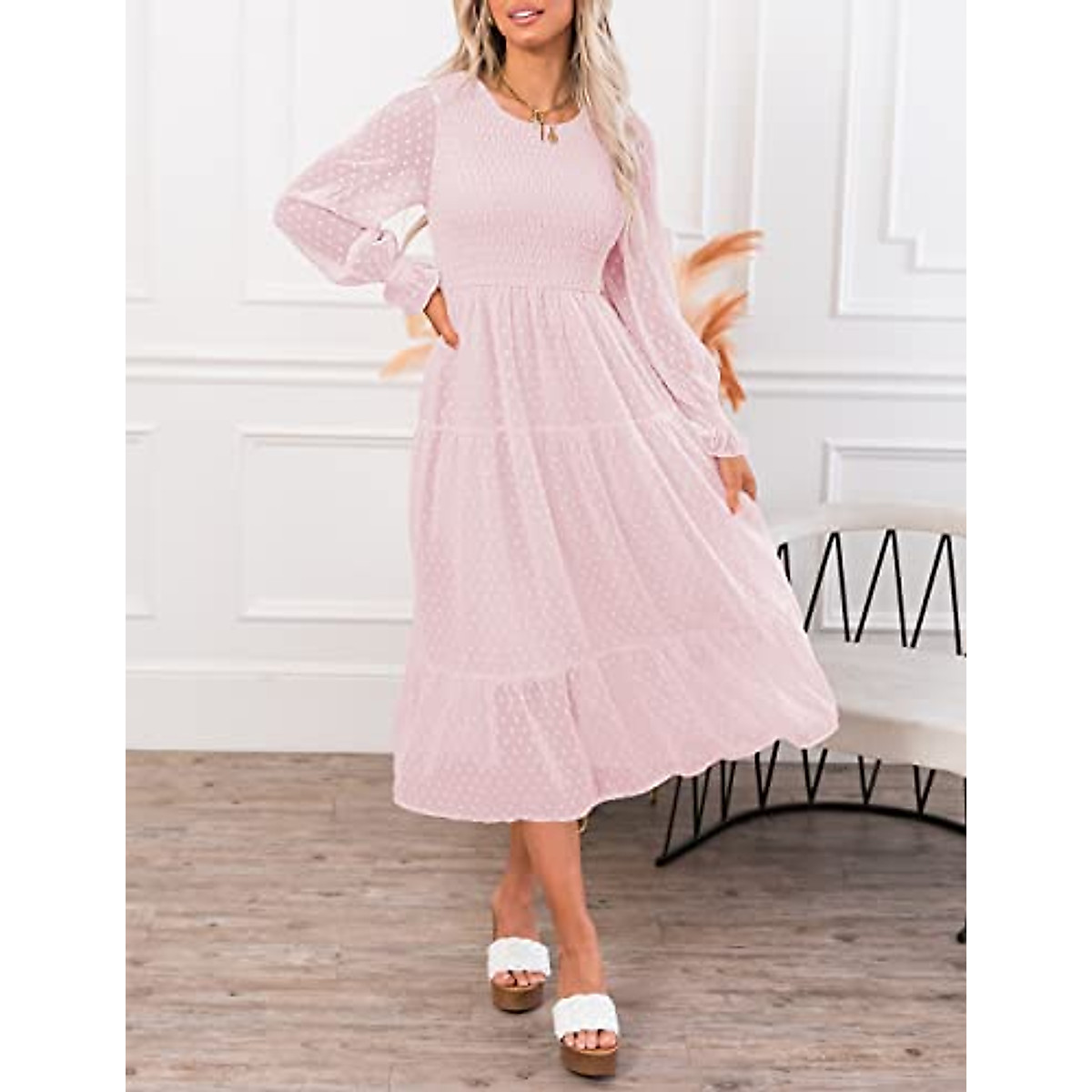 MEROKEETY Women's Long Sleeve Round Neck Smocked Elastic Waist A Line Tiered Dress,Pink,M