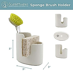 Scarlettwares Dish Sponge Scrub Brush Dish Wand Holder Kitchen Sink Caddy Ceramic White Dishwasher Safe Modern Farmhouse Elegant Sturdy No Rust