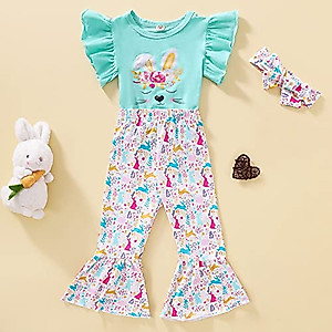 Toddler Girl Easter Clothes Outfits Fly Sleeve Rabbit Shirt Top Colorful Bunny Bell-Bottoms Headband 3Pcs Set (Green Print Rabbit, 18-24 Months)