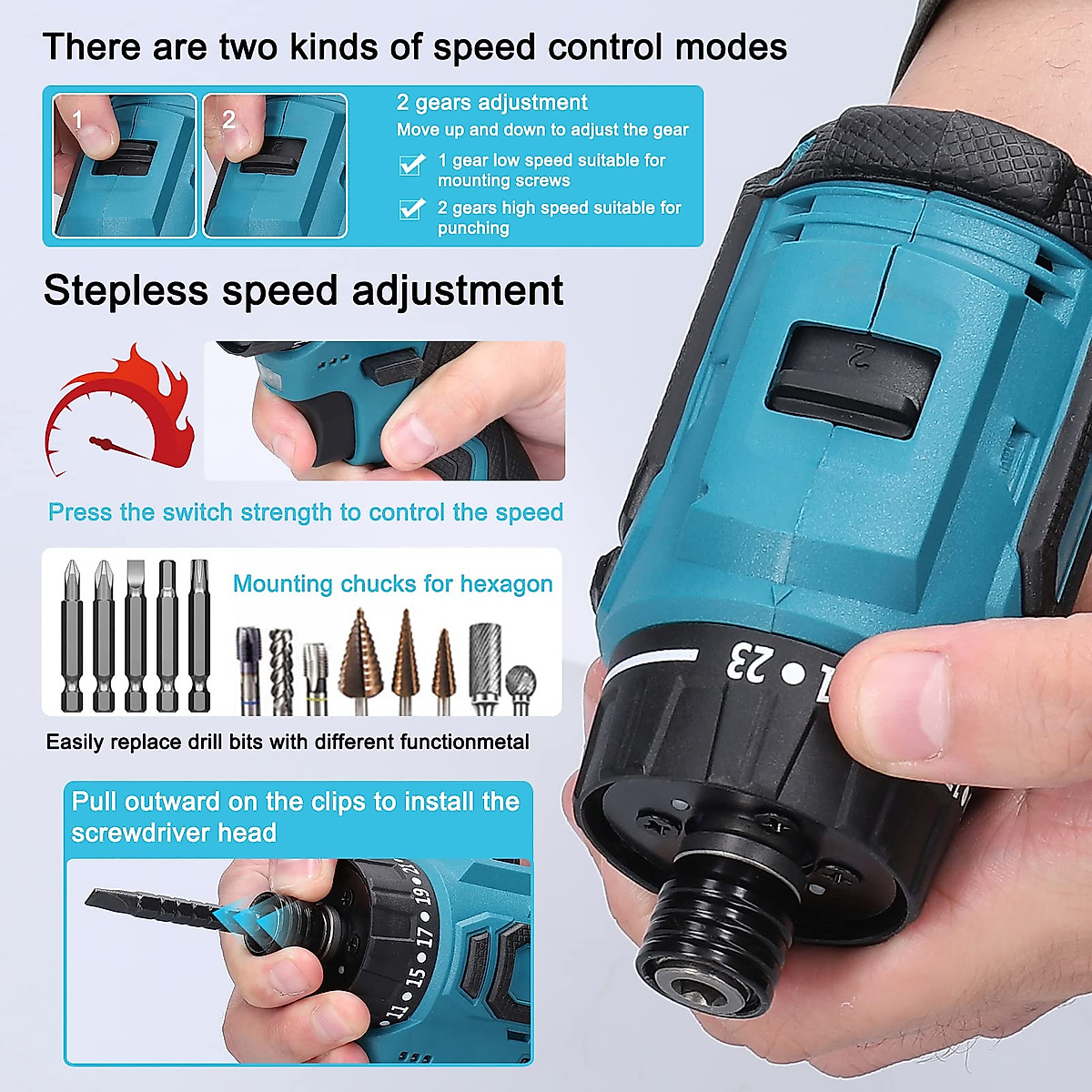 Cordless Screwdriver, Weytoll 18V Electric Screwdriver, Brushless Lithium Screwdriver tool kit, Electric Screw Driver with Torque Adjustable, 2 Speed Control for Mobilephones Computers Home Appliances